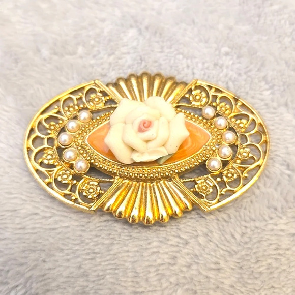 Jewelry | Vintage Gold Tone Pink Rose Brooch Pin | Poshmark